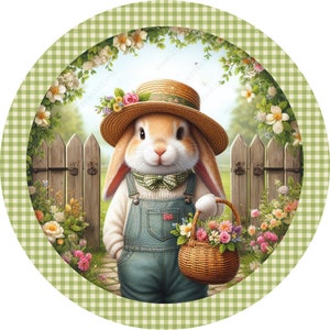 Gardening Spring Rabbit Basket Flowers Green Checkered Wreath Sign ...