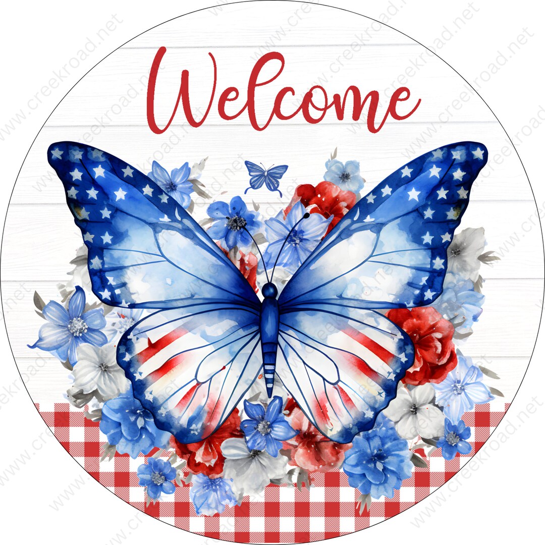 Welcome Patriotic Butterfly Watercolor on Shiplap Background Red White ...