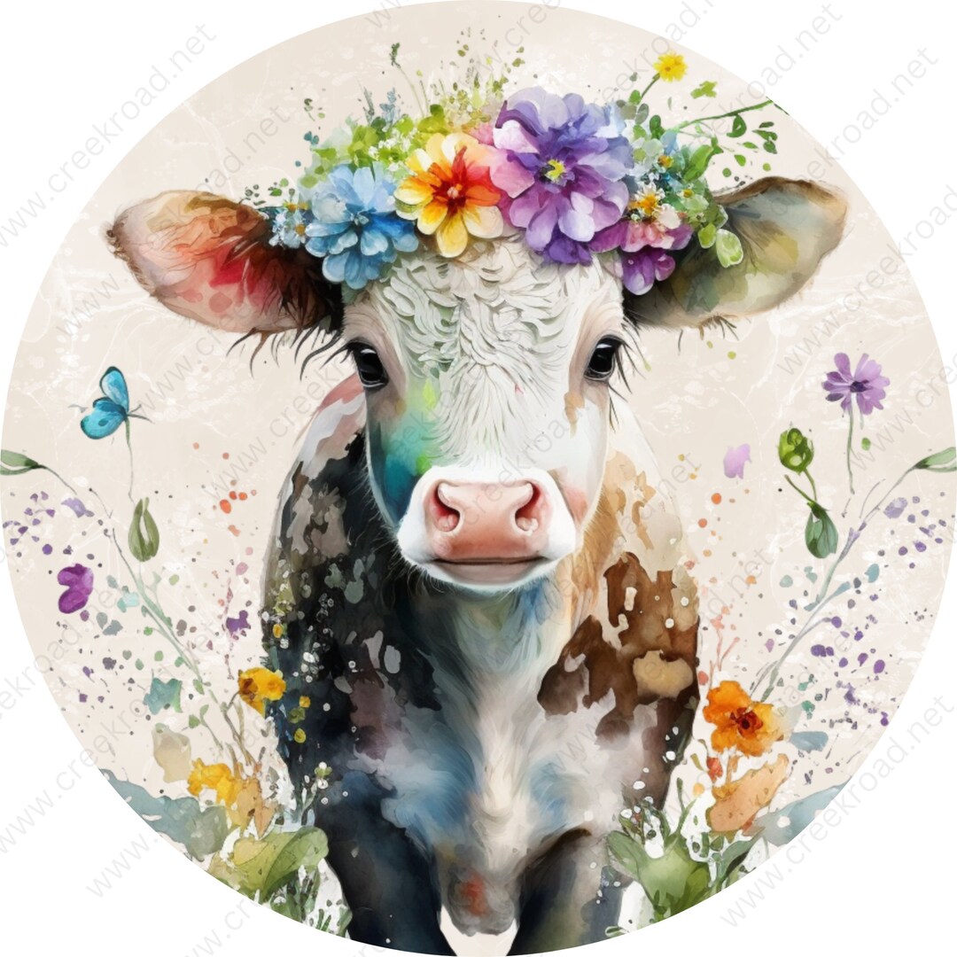 Farm Cow With Floral Headdress Wreath Sign-round-sublimation-farm-decor ...