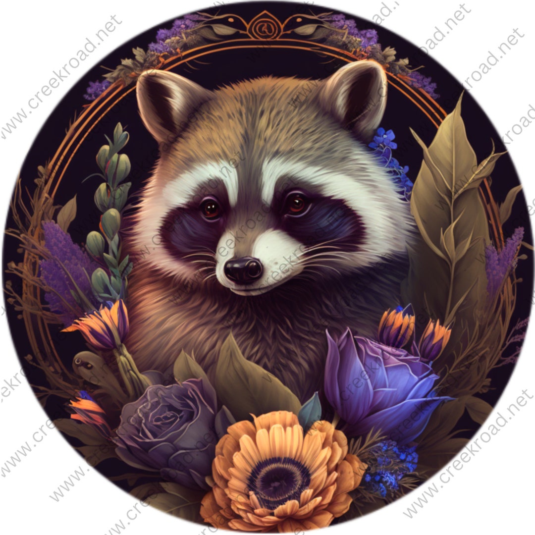 Young Racoon With Purple Orange Flowers on Black Background Wreath Sign ...