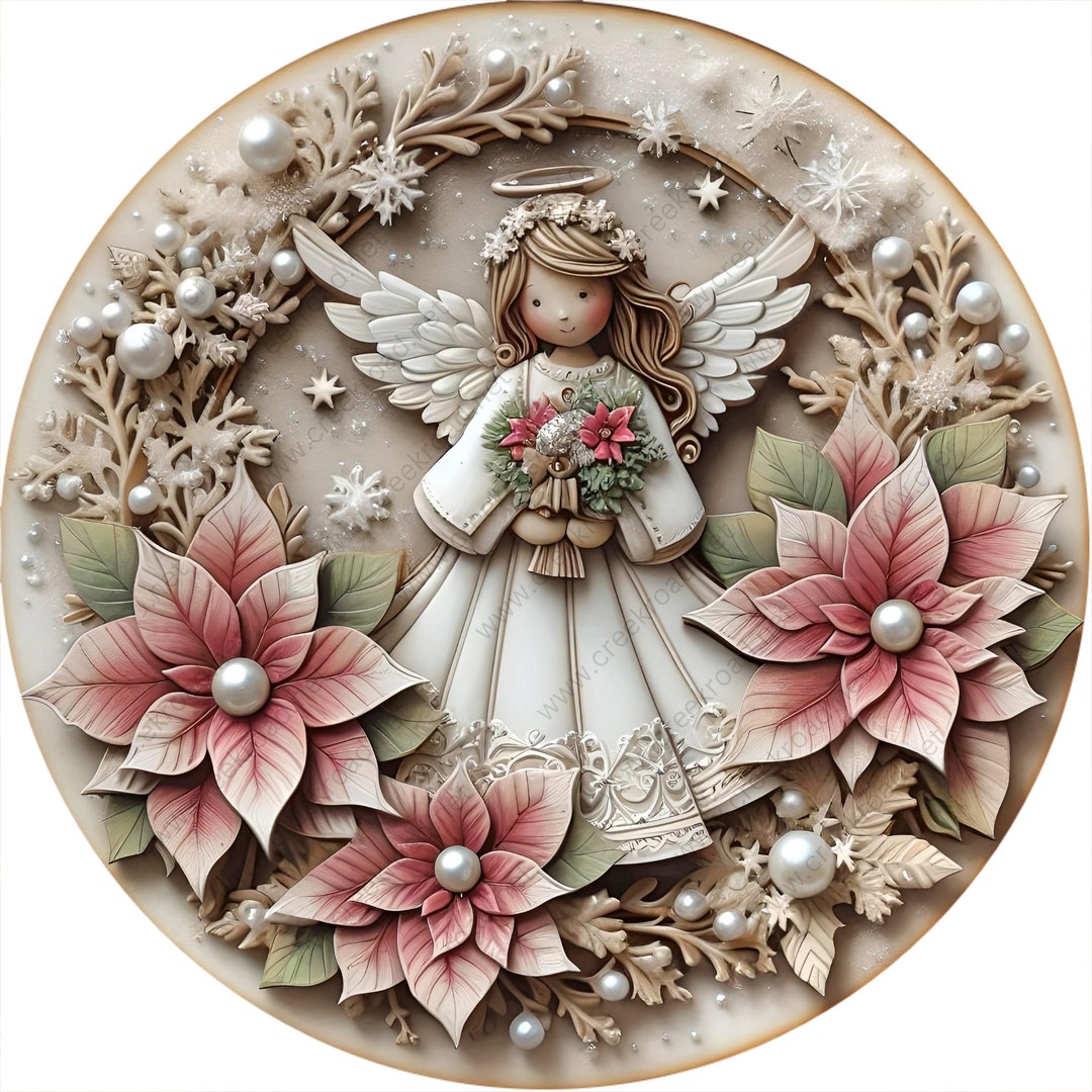 Christmas Angel Pink Poinsettia Sublimated Wreath Sign - Etsy