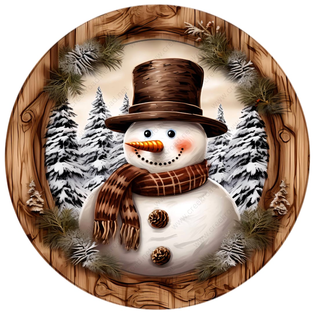 Brown Snowman With Woodgrain Evergreen Border Wreath Sign-sublimation ...