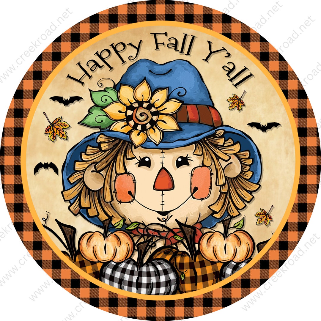 Happy Fall Y'all Scarecrow Black Orange Checkered Border Wreath Sign ...