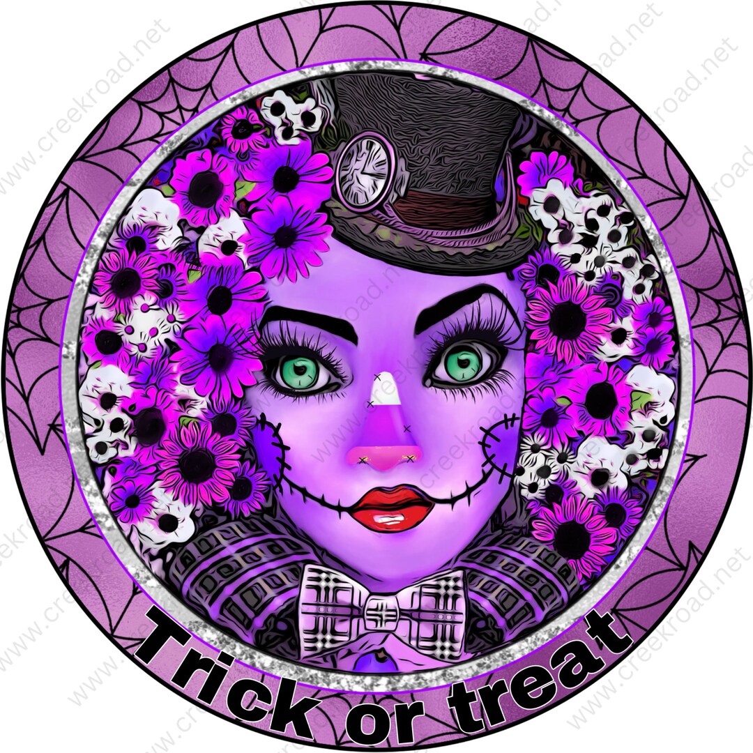 Trick or Treat Purple Female Scarecrow Spider Web Border Wreath Sign ...
