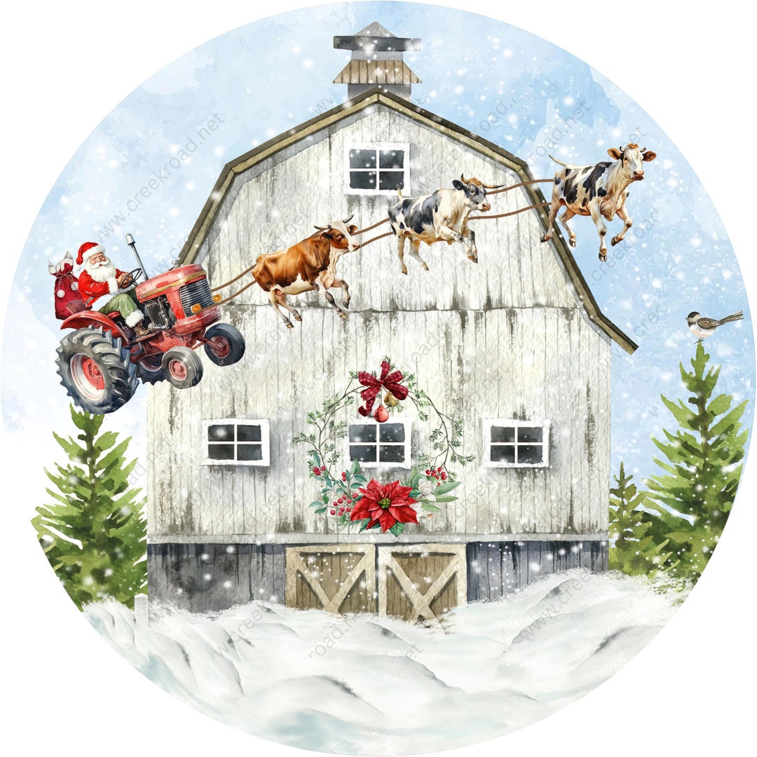 Santa Claus Tractor Sleigh With Cows Wreath Sign-sublimation-round ...