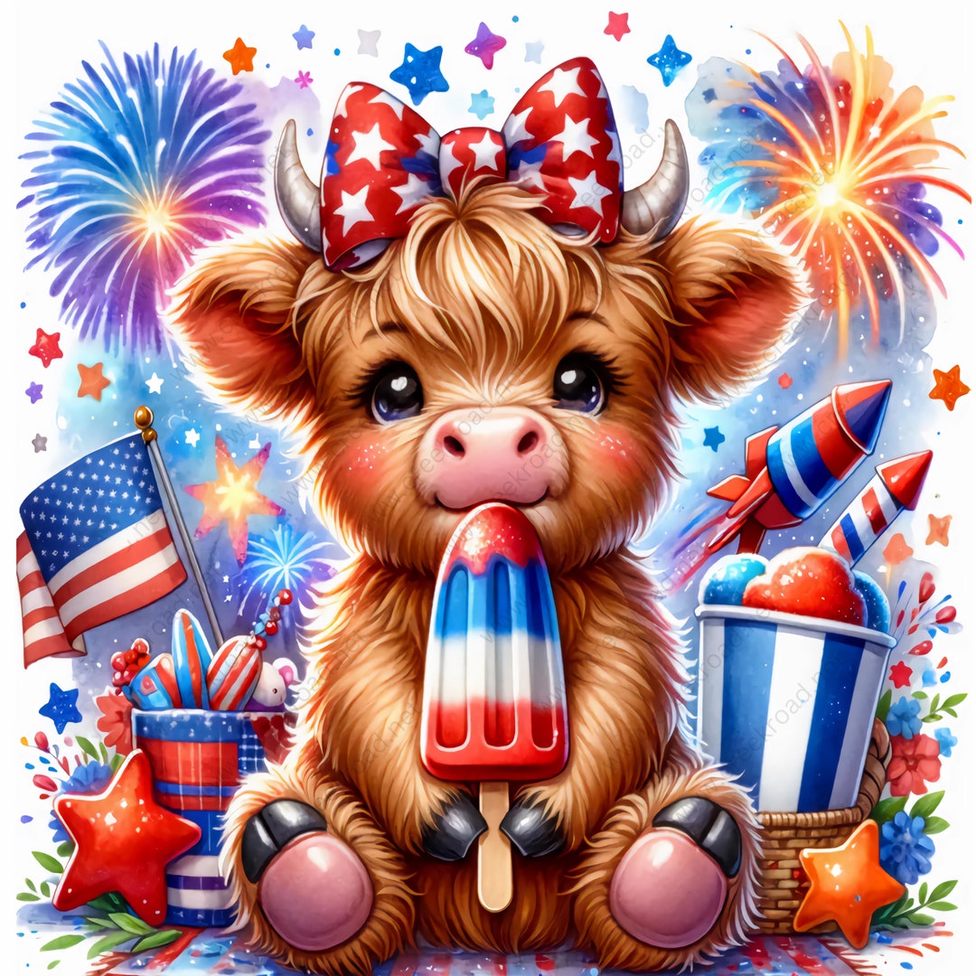 Patriotic Baby Highland Cow Independence Celebration Wreath Sign 10"x10 ...