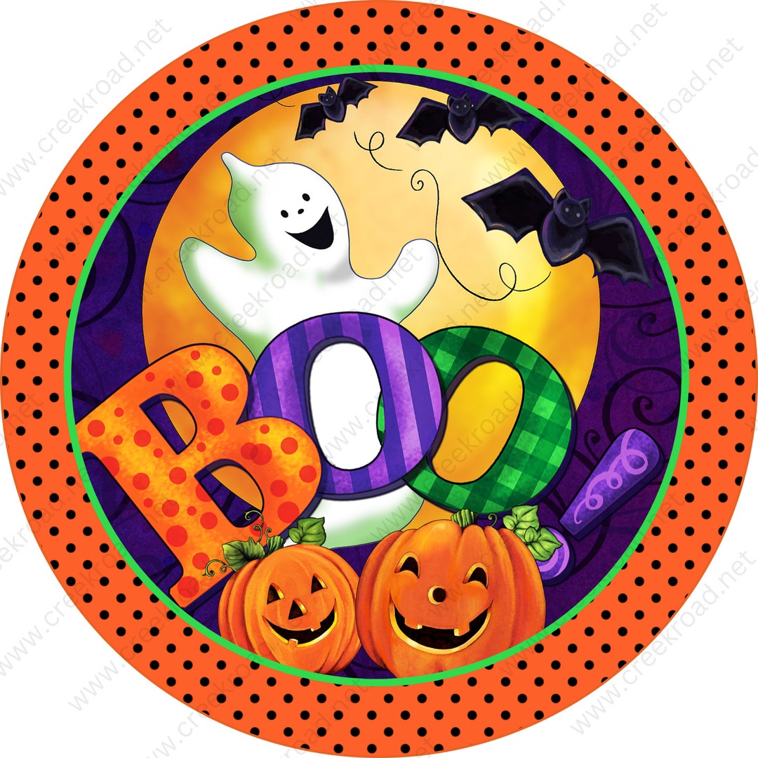 Boo Ghost Under Blood Orange Moon Pumpkins Bats Orange Black Polka Dot ...