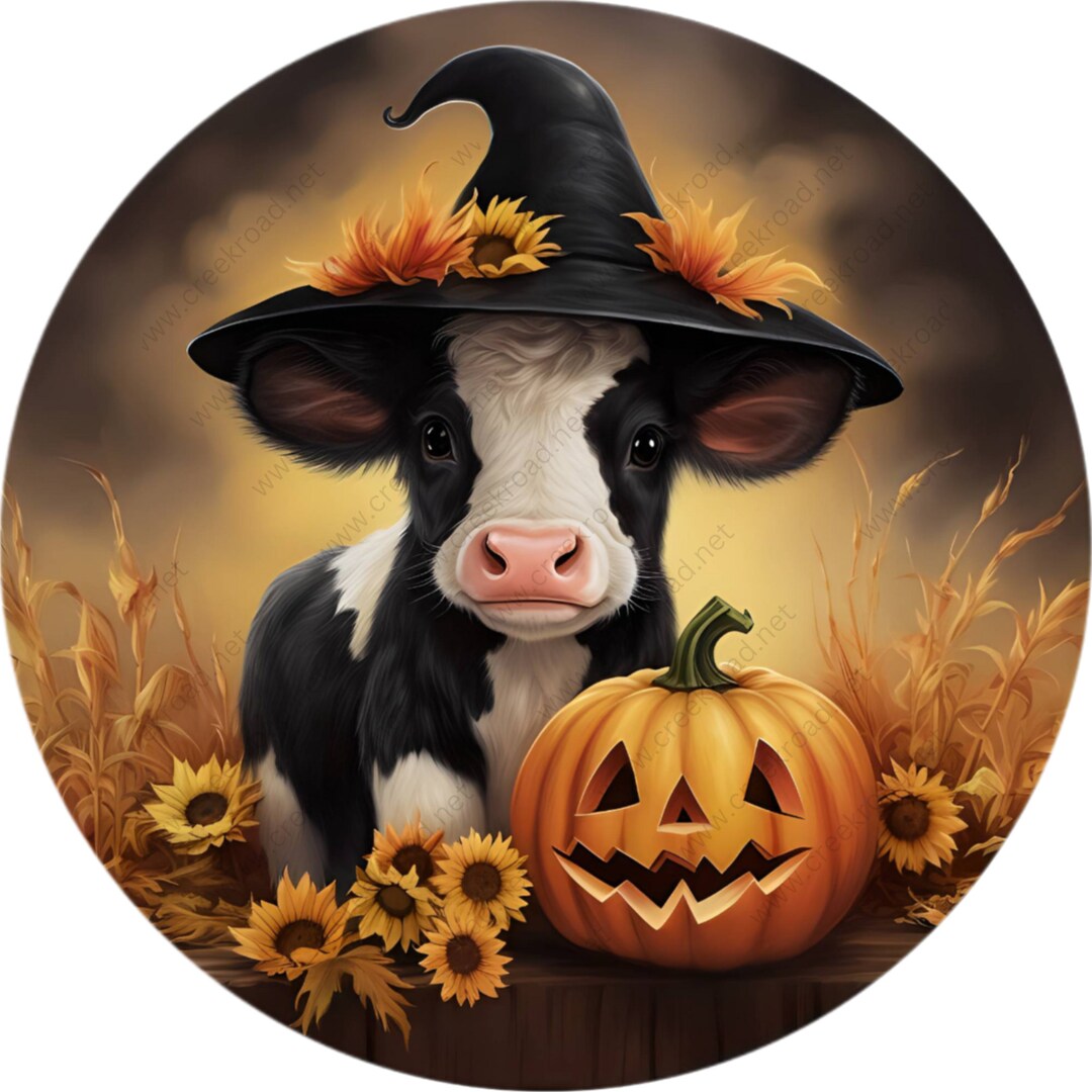 Farm Cow Witch Hat Jack-o-lantern Wreath Sign-halloween-sublimation ...
