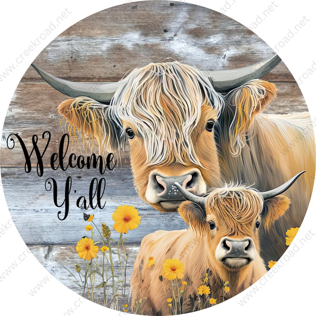 Welcome Y'all Highland Cow With Baby Calf Highland Wreath Sign-pick ...