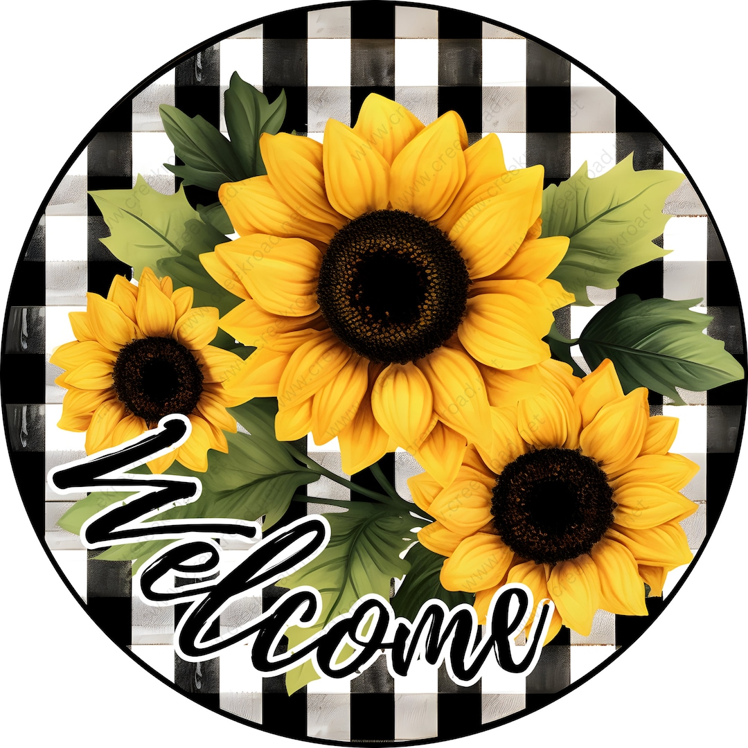 Welcome Sunflower With Black White Checkered Background Wreath Sign ...