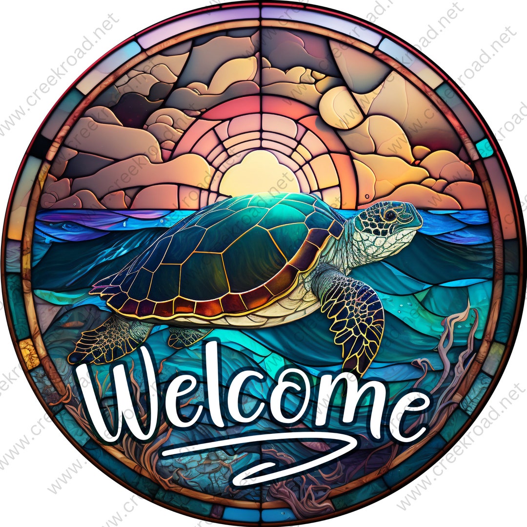 Welcome Sea Turtle Swimming the Ocean at Sunset-choose YOUR FINISH Faux ...