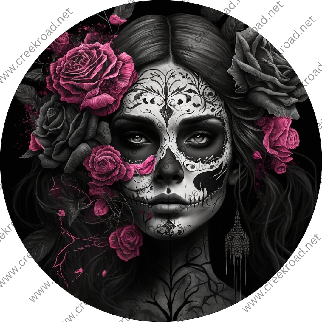 Beautiful Sugar Skull Girl With Pink Roses Wreath Sign-halloween ...