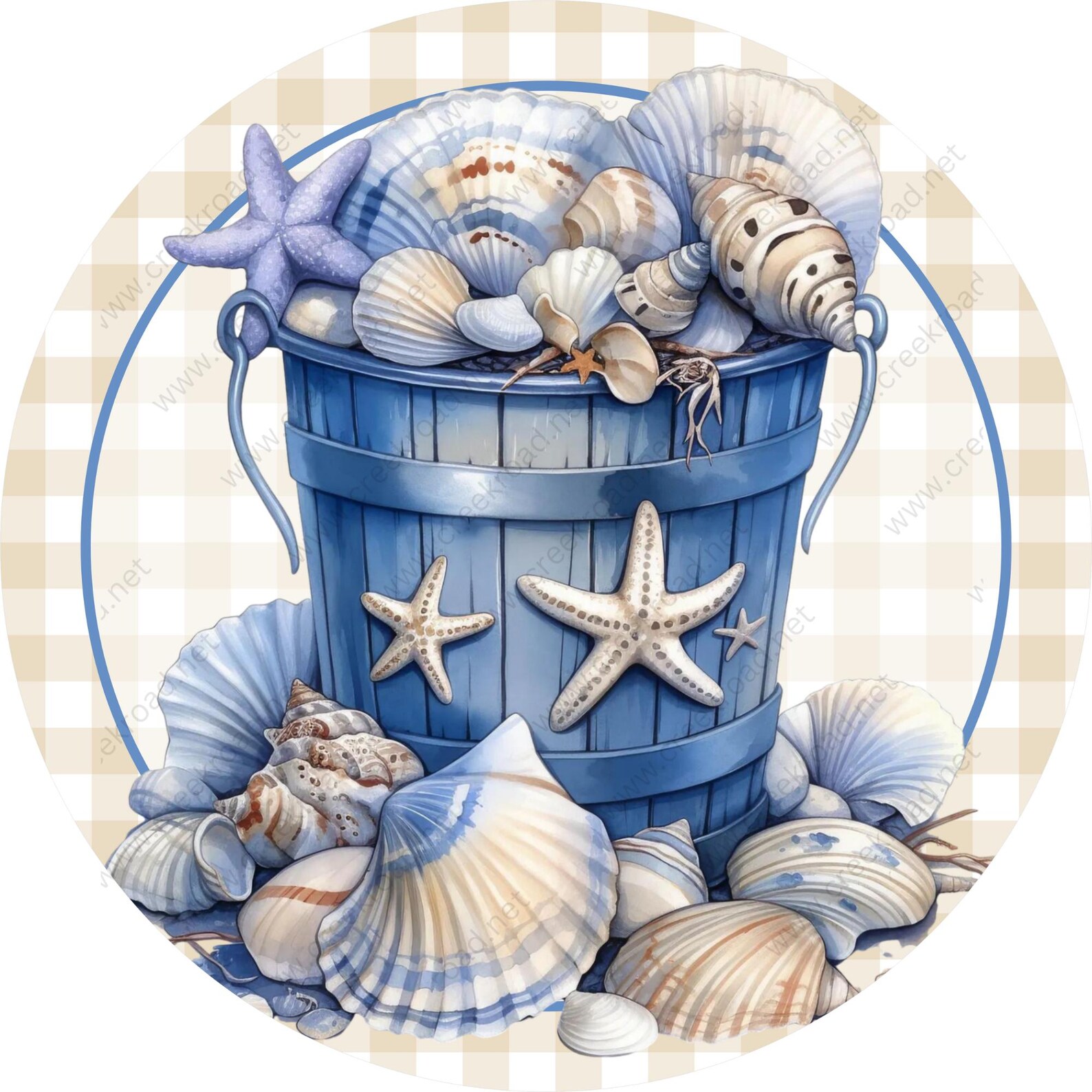 Beach Bucket Full of Seashells With Check Background Sublimated Wreath ...
