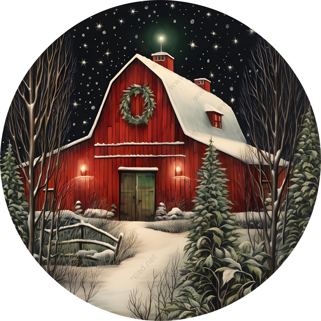 Red Christmas Barn on Snowy Night Wreath Sign-sublimation-round ...