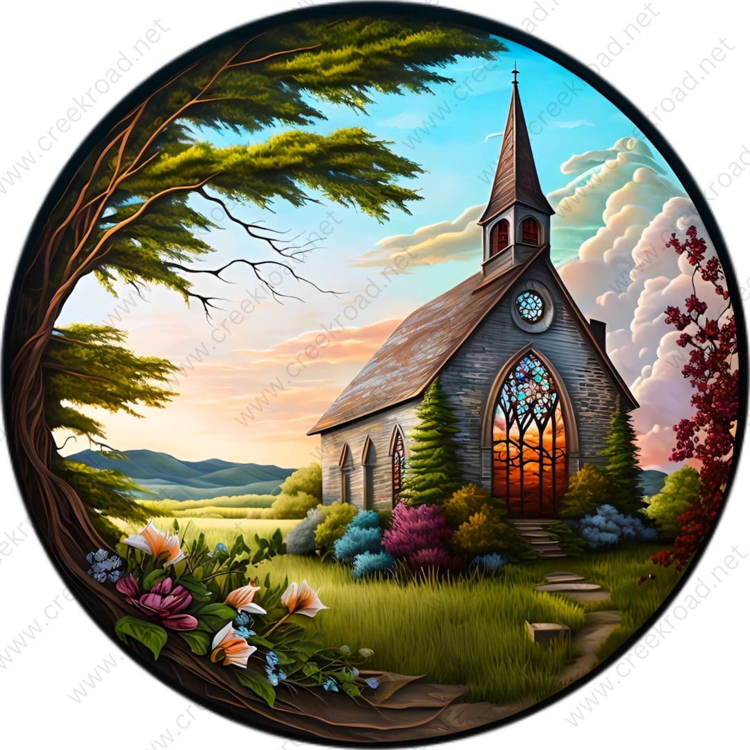 Country Church With Florals Wreath Sign-round-sublimation-spring ...