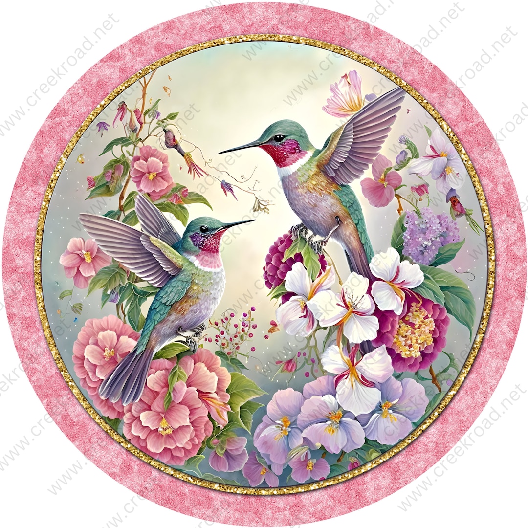 Colorful Hummingbirds in Pink Lavender Flowers Textured Border Wreath ...
