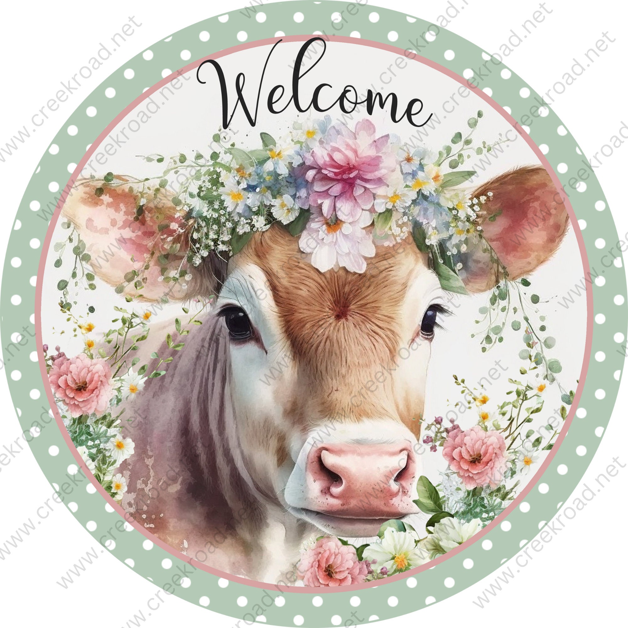Welcome Brown Farm Cow With Crown Pink Flowers Wreath Sign White Polka ...