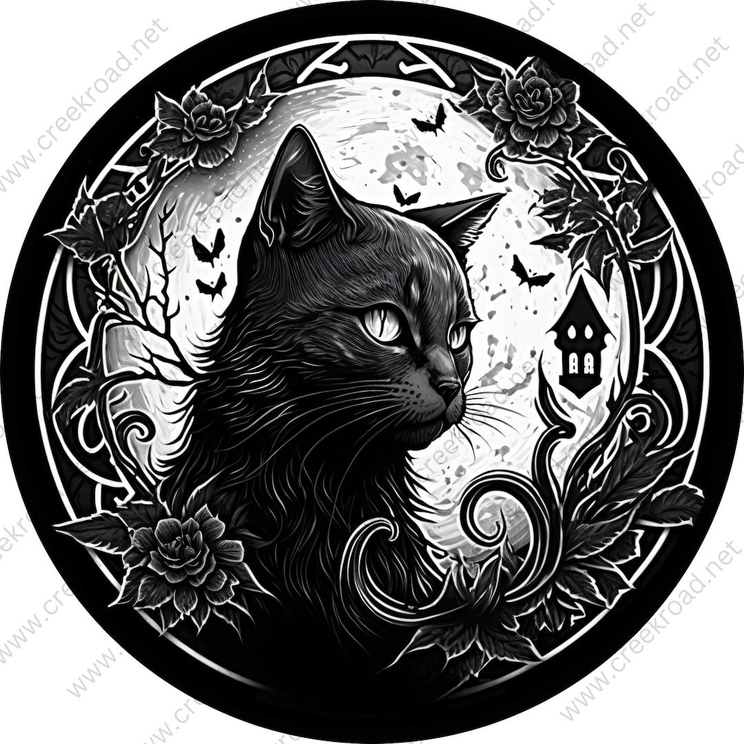 Halloween Black Cat With Black Rose Border Wreath Sign-halloween ...