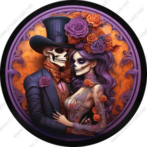 Halloween Dressed Couple Purple Orange Wreath Sign-halloween ...