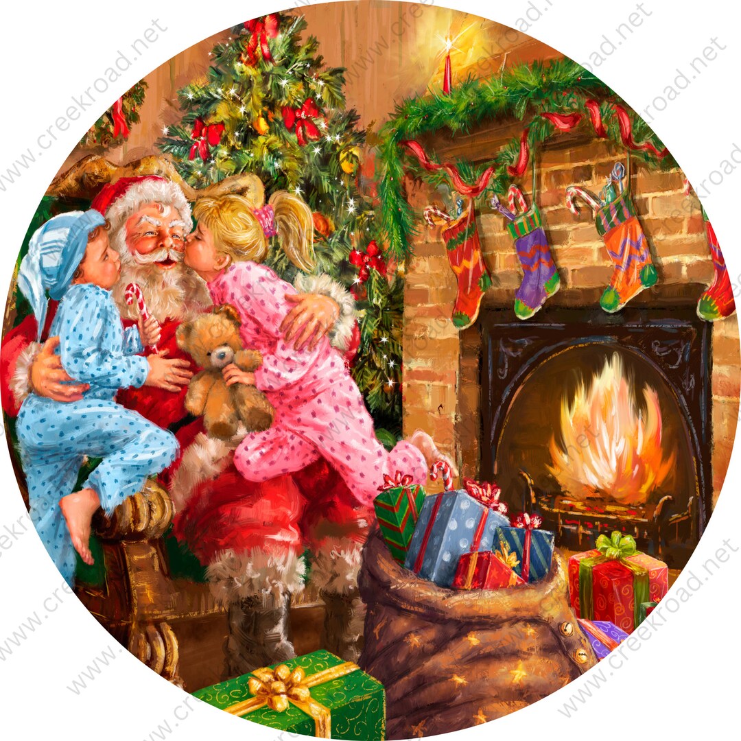 Children Kissing Santa Claus Wreath Sign-sublimation-round-christmas ...