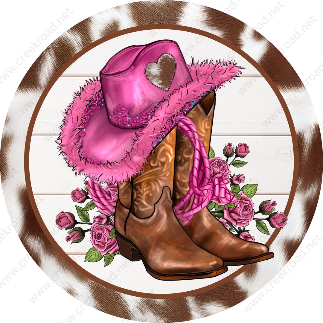 Sassy Pink Cowgirl Hat Lasso Roses and Boots With Cowhide Border Heart ...