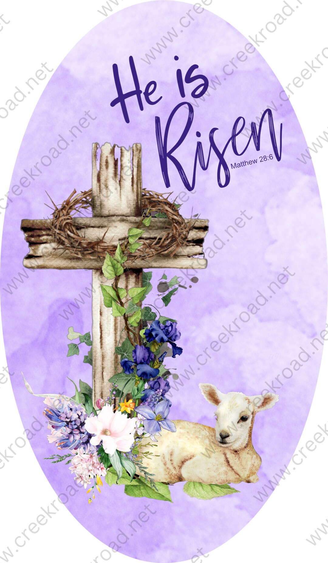 He is Risen Cross With Lamb Lavender Florals Purple Border-oval 7x12 ...