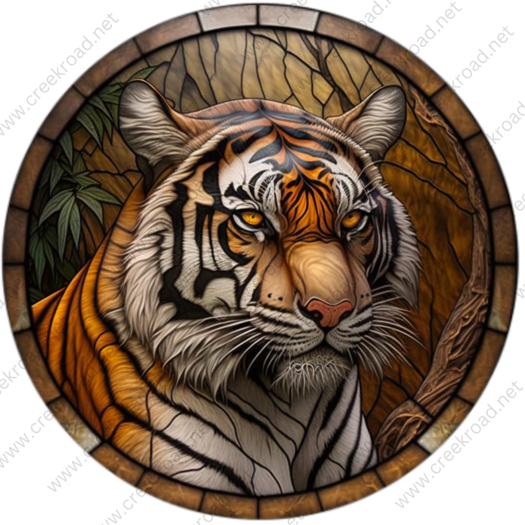 Orange Bengal Tiger in Jungle Faux Stained Glass Wreath Sign-round ...