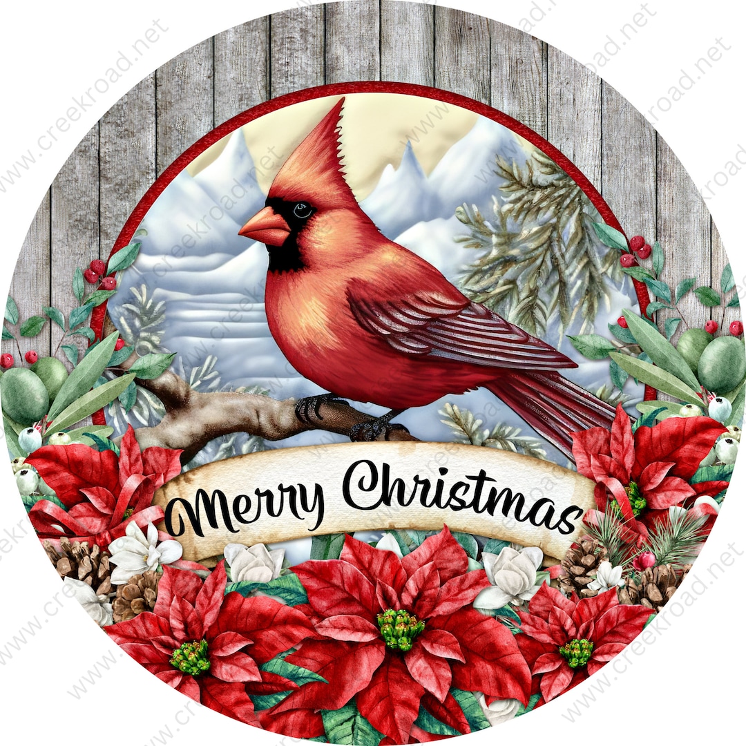 Merry Christmas Red Cardinal Poinsettias Wreath Sign-holiday ...