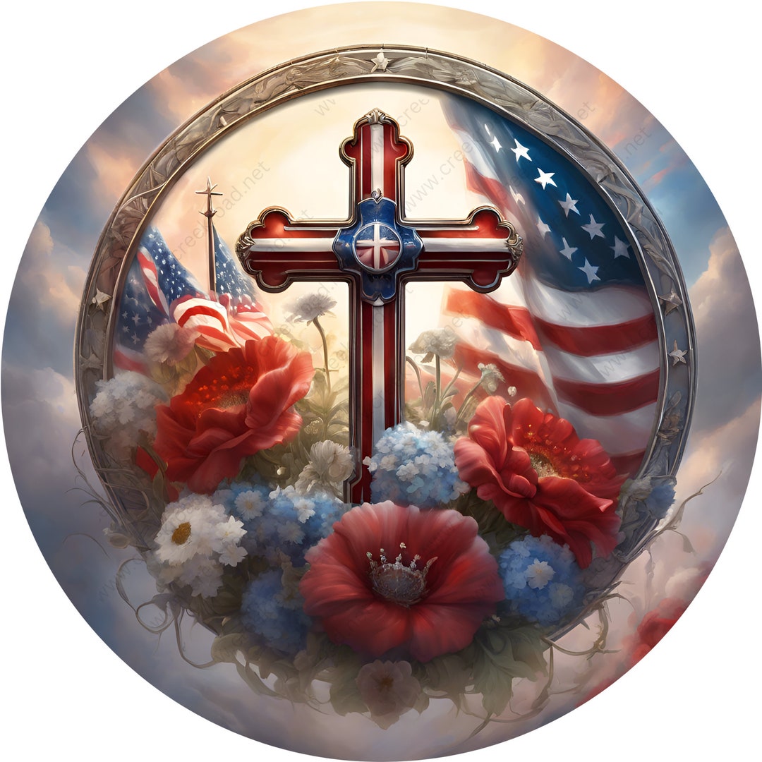 Patriotic Cross Flag Red Blue Flowers Wreath Sign-round-sublimation ...