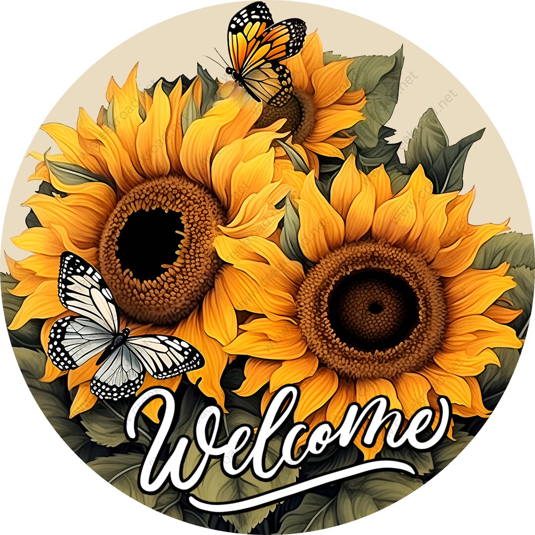 Welcome Spring Sunflowers Butterfly Wreath Sign-round-sublimation ...