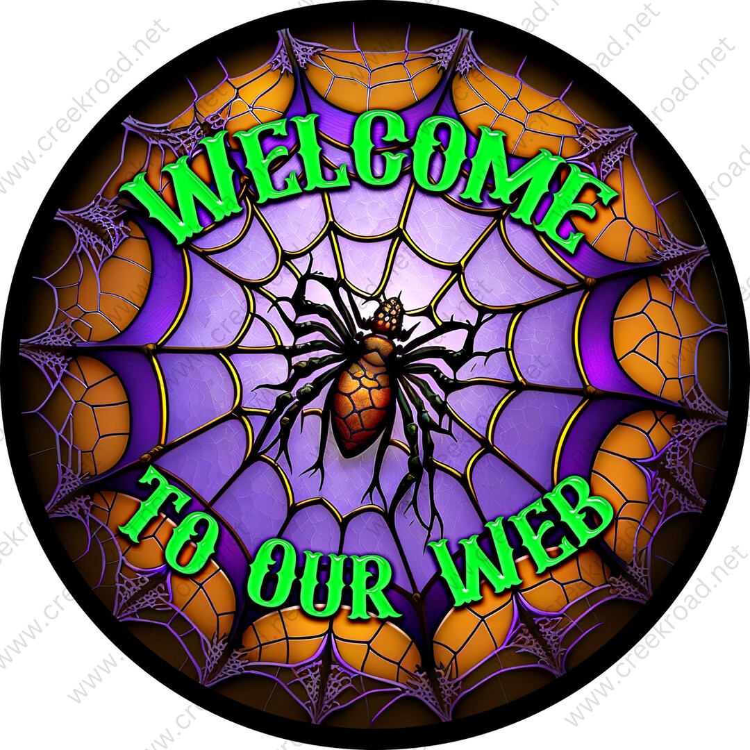 Welcome to Our Web Halloween Spider in Web Orange Purple Black Wreath ...