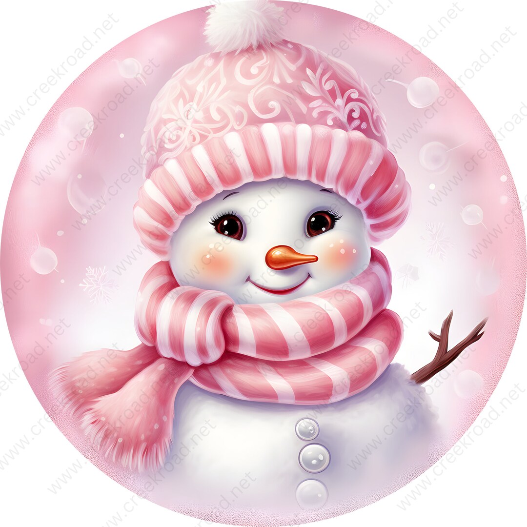 Adorable Pink Snowgirl Snow Cap Scarf Wreath Sign-sublimation-round ...