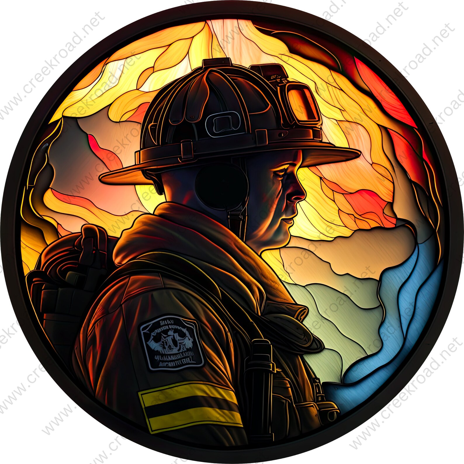 First Responder Fireman in Inferno of Flames Faux Stained Glass Wreath ...