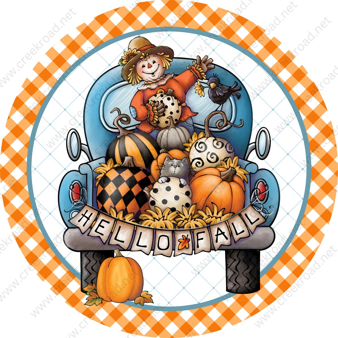 Hello Fall Scarecrow in Blue Truck With Pumpkins Orange White Checkered ...