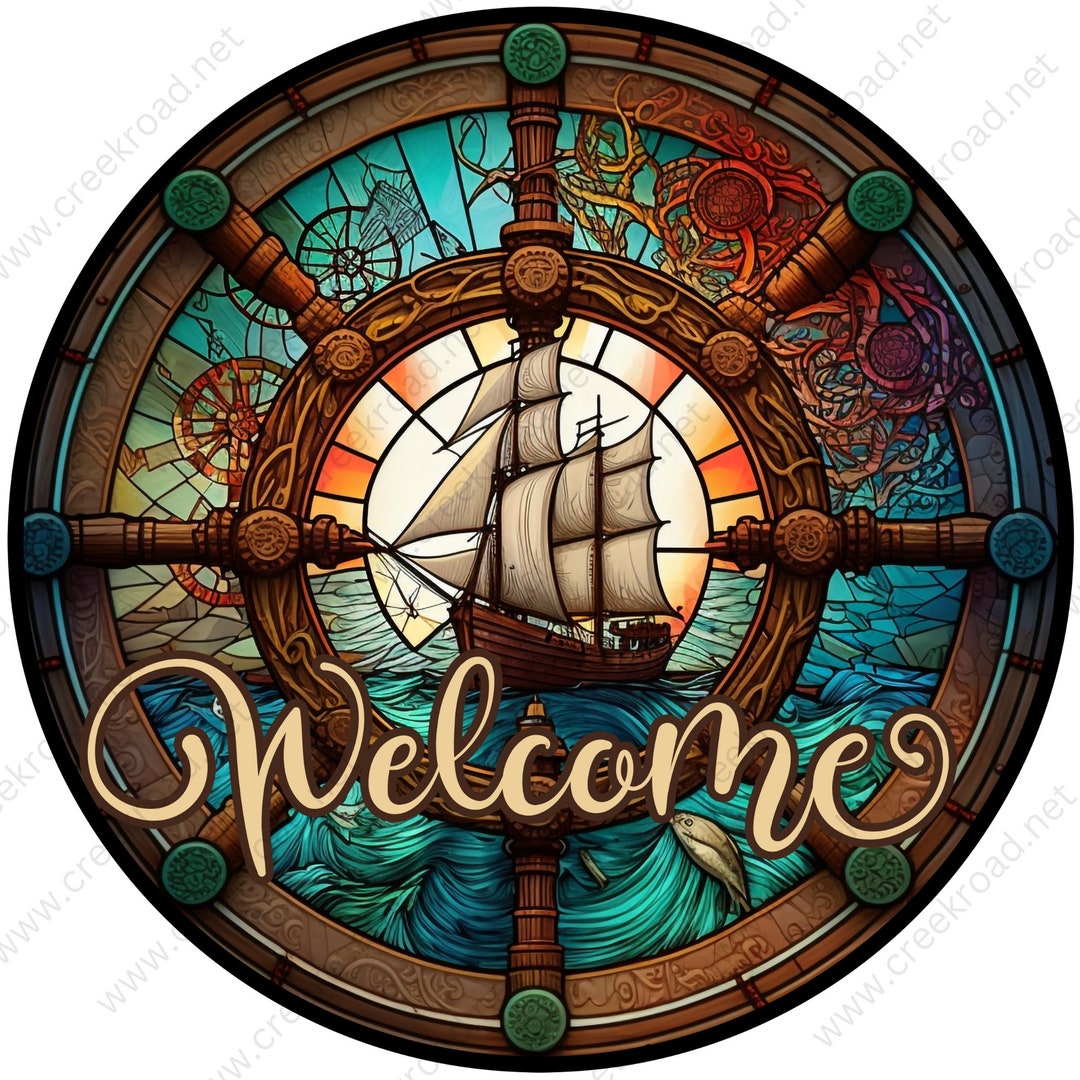 Welcome Nautical Ship Wheel With Pirate Ship Center Wreath Sign ...