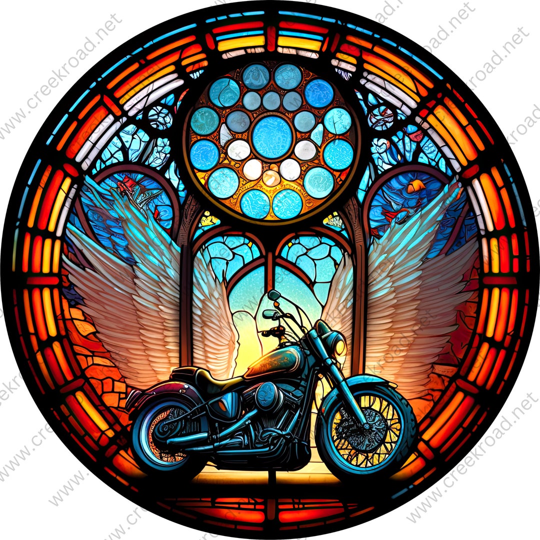 Motorcycle With Angel Wings Faux Stained Glass Wreath Sign-round ...