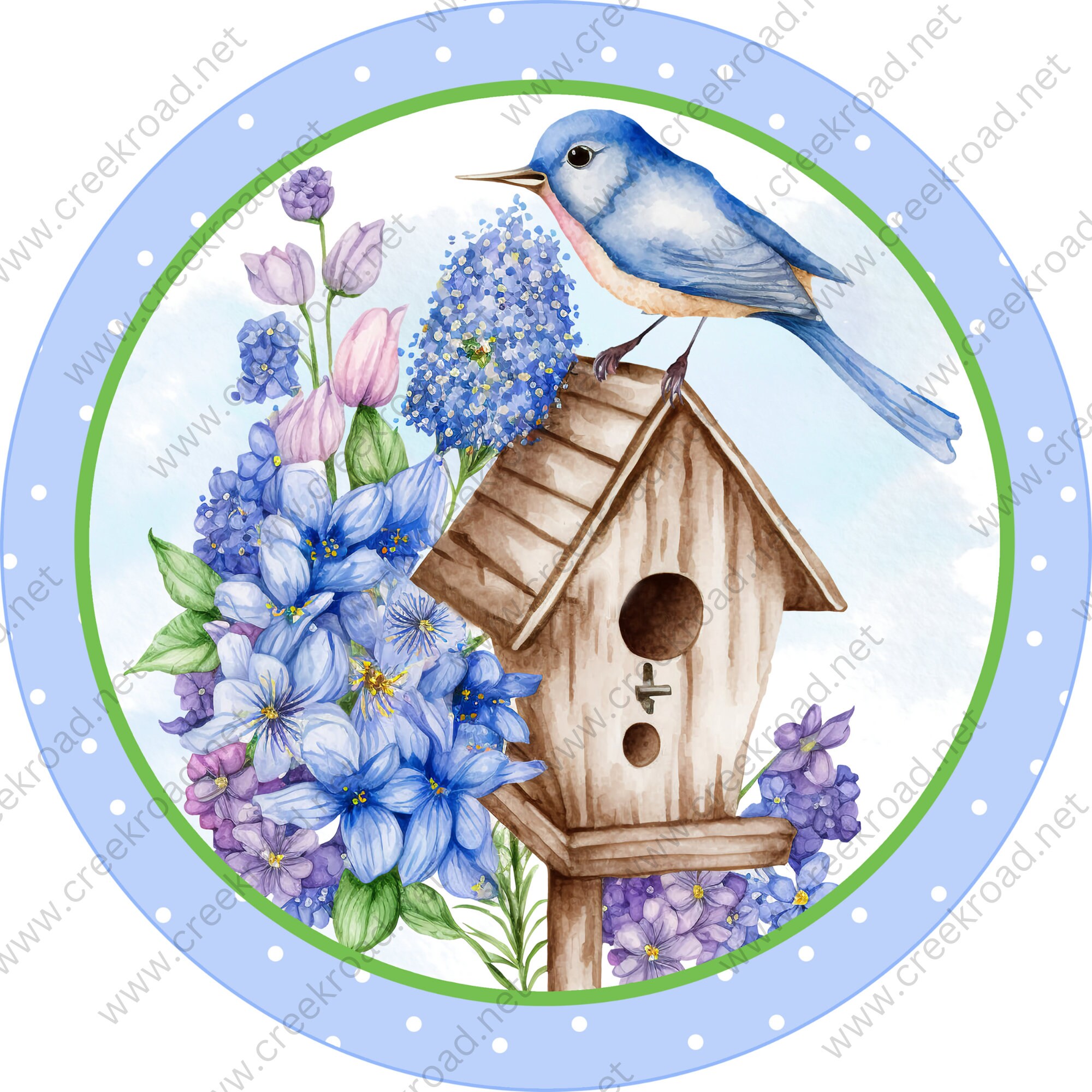 Blue Bird Sits on Bird House With Blue Purple Florals White Polka Dots ...