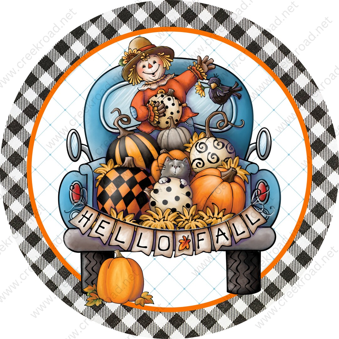 Hello Fall Scarecrow in Blue Truck With Pumpkins Wreath Sign ...