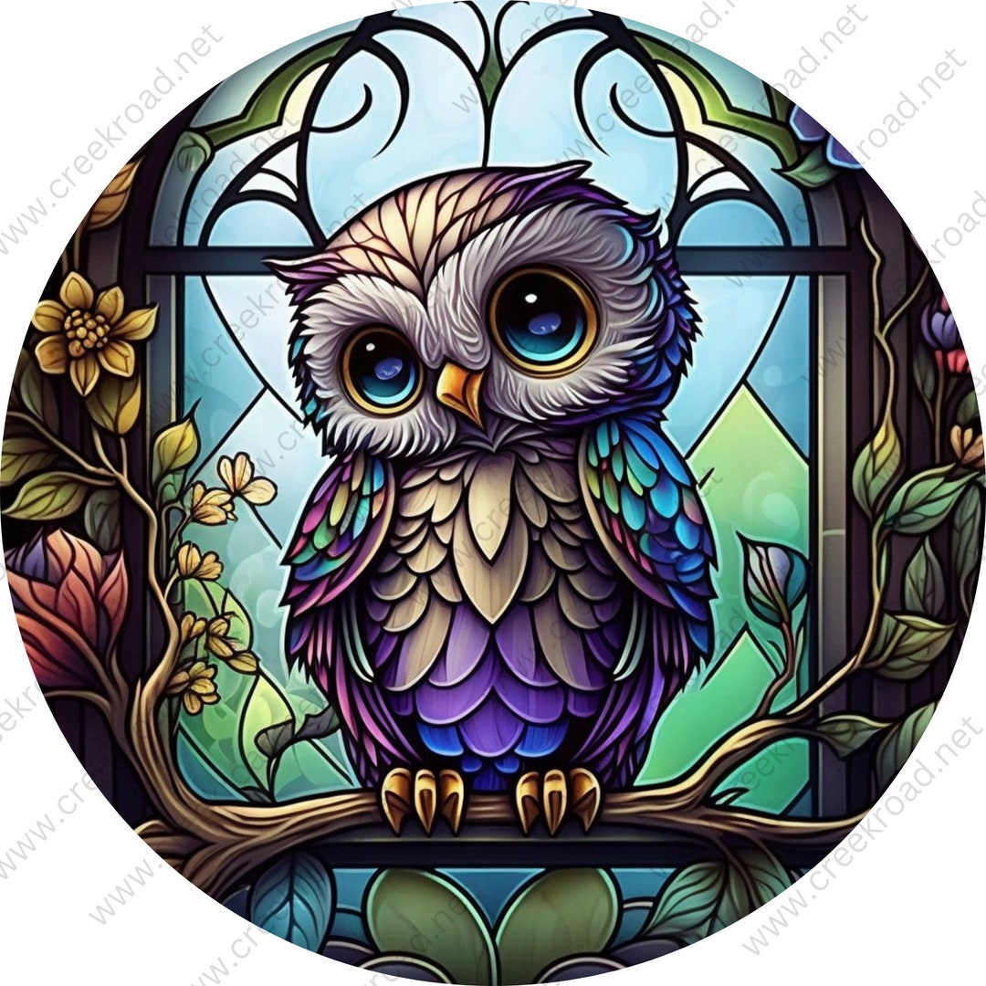 Large Eyes Multi Color Owl Perched on Tree Limb Faux Stained Glass ...