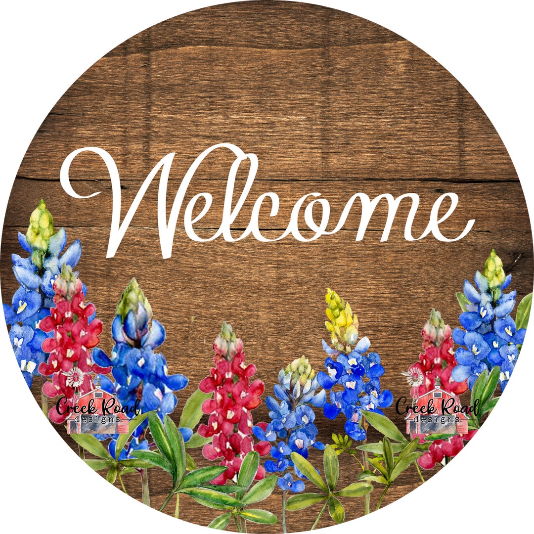 Welcome Bluebonnet on Brown Wood Background Wreath Sign - Sublimation ...