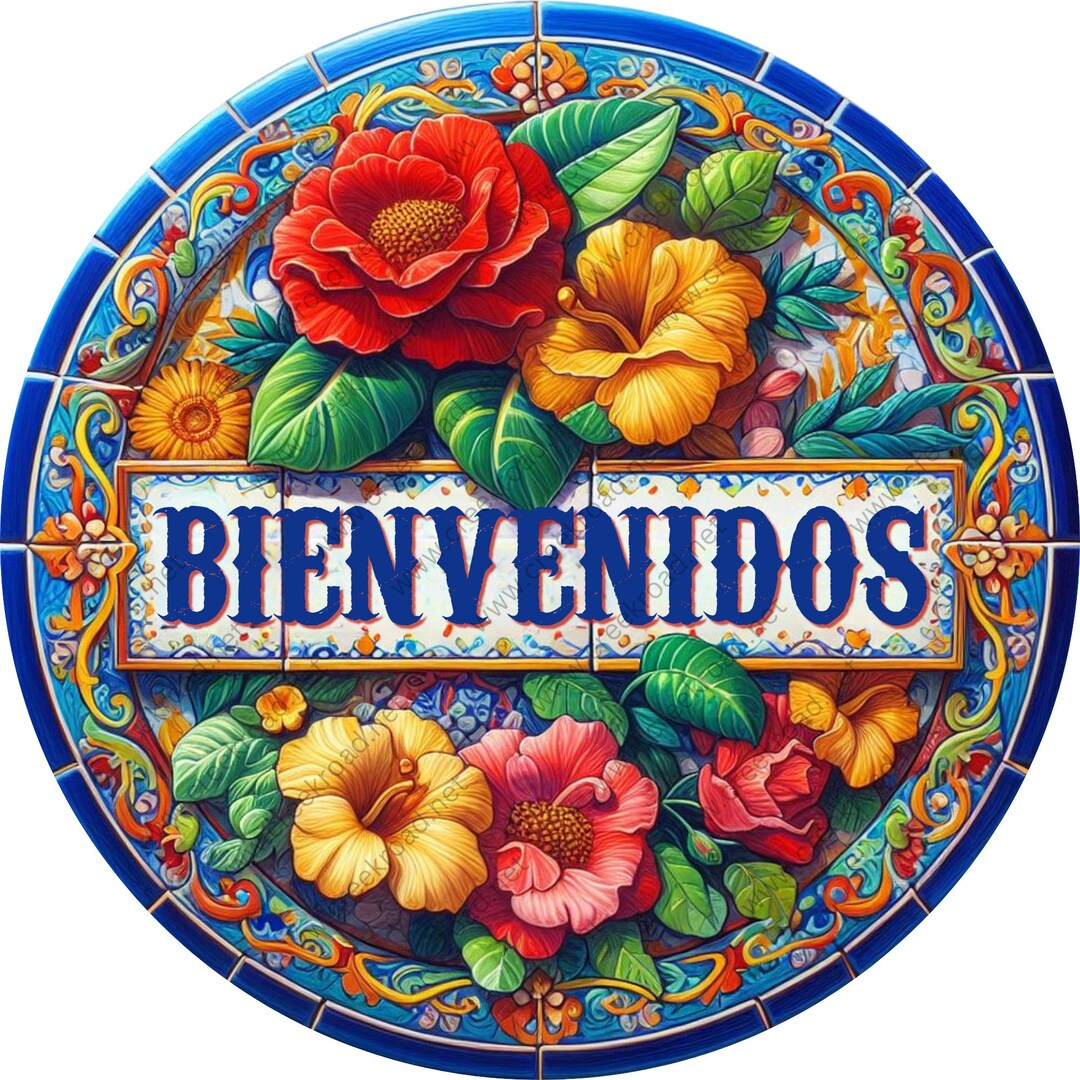 Bienvenidos Colorful Floral Spanish Tile Sublimated Wreath Sign - Etsy