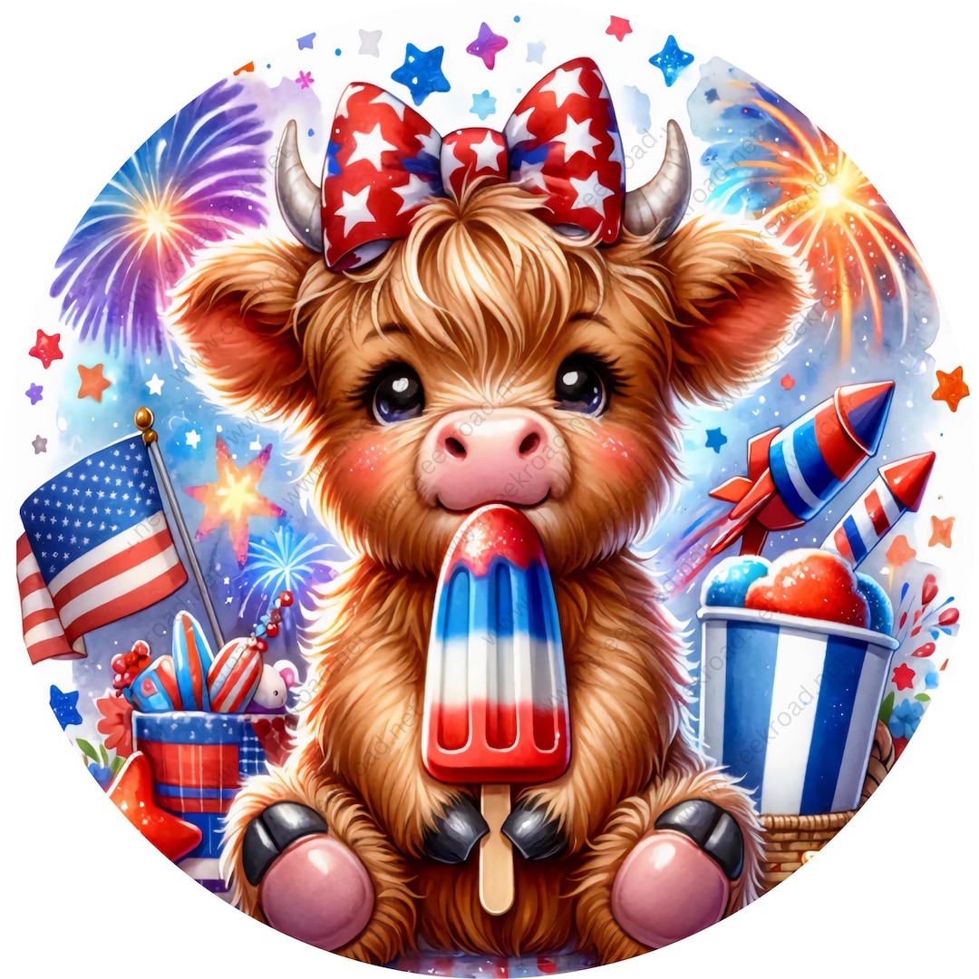 Patriotic Baby Highland Cow Independence Celebration Wreath Sign-round ...
