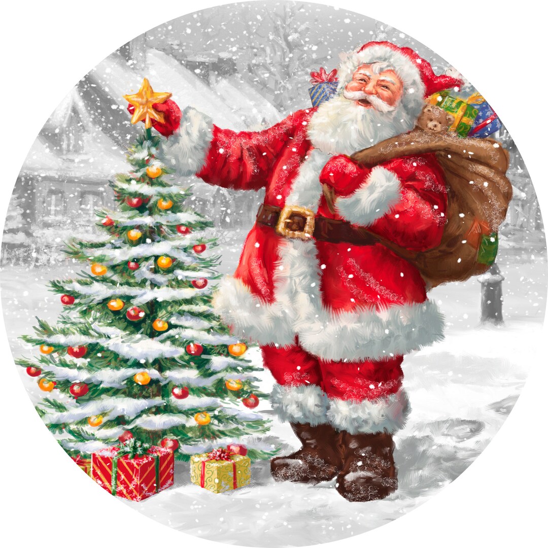 Santa Putting on Tree Top Star in Snow Wreath Sign-sublimation-round ...