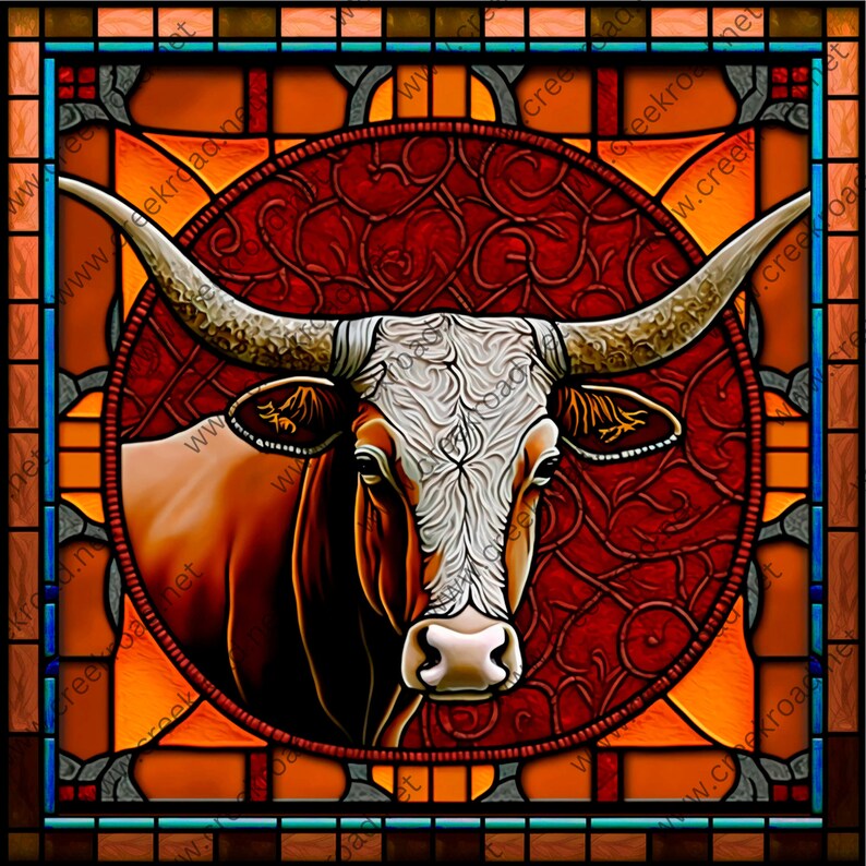 Texas Longhorn Faux Stained Glass Burnt Orange With Blue Teal Border ...