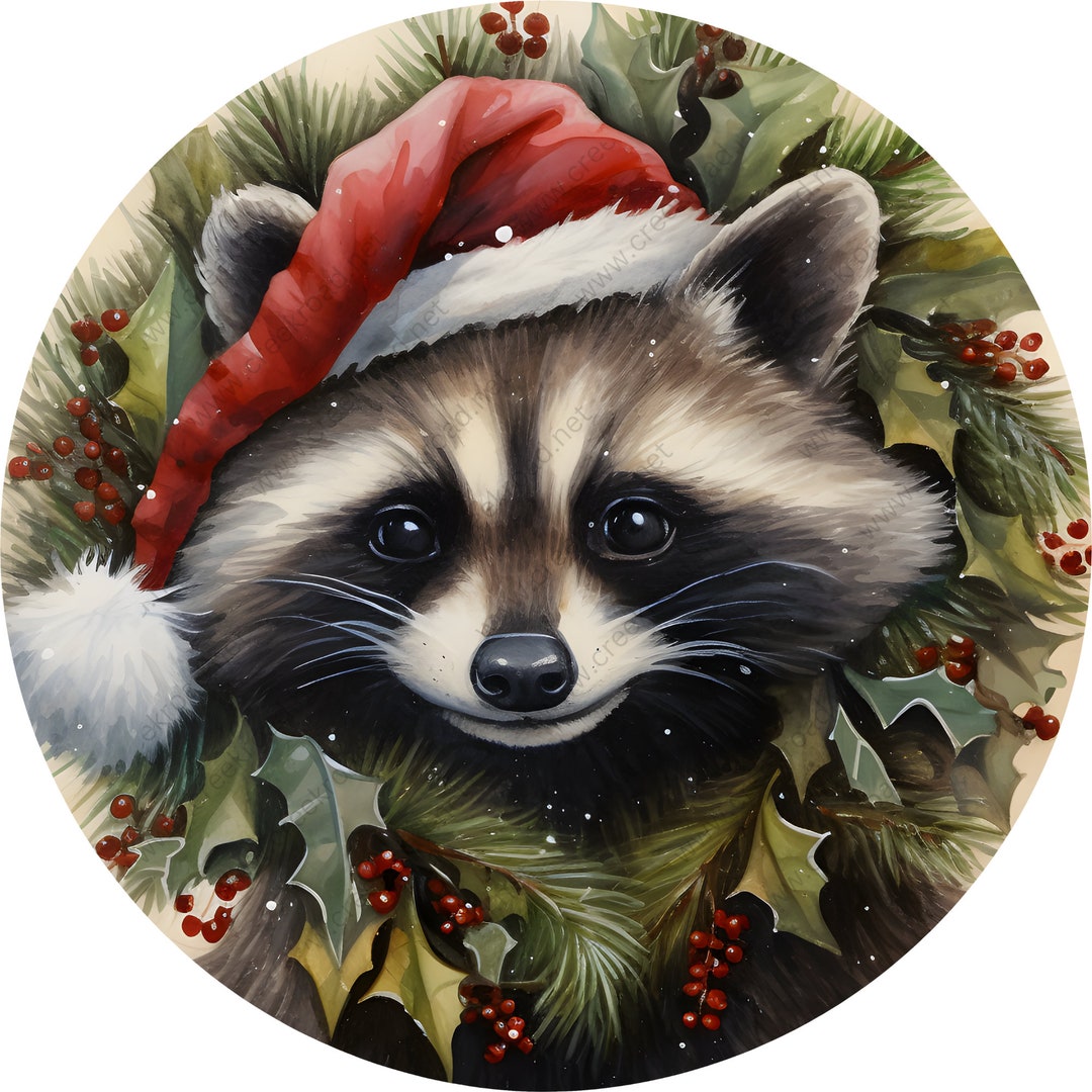 Racoon in Santa Hat With Holly Wreath Sign-sublimation-round-chistmas ...