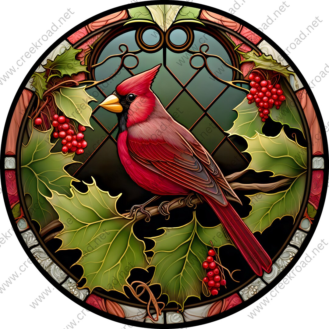 Christmas Red Cardinal on Holly Branch Wreath Sign-christmas ...