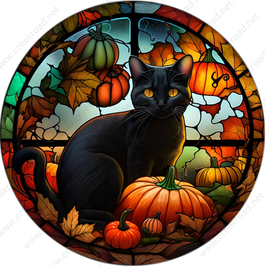 Halloween Black Cat Sitting in Pumpkin Patch Wreath Sign-halloween ...