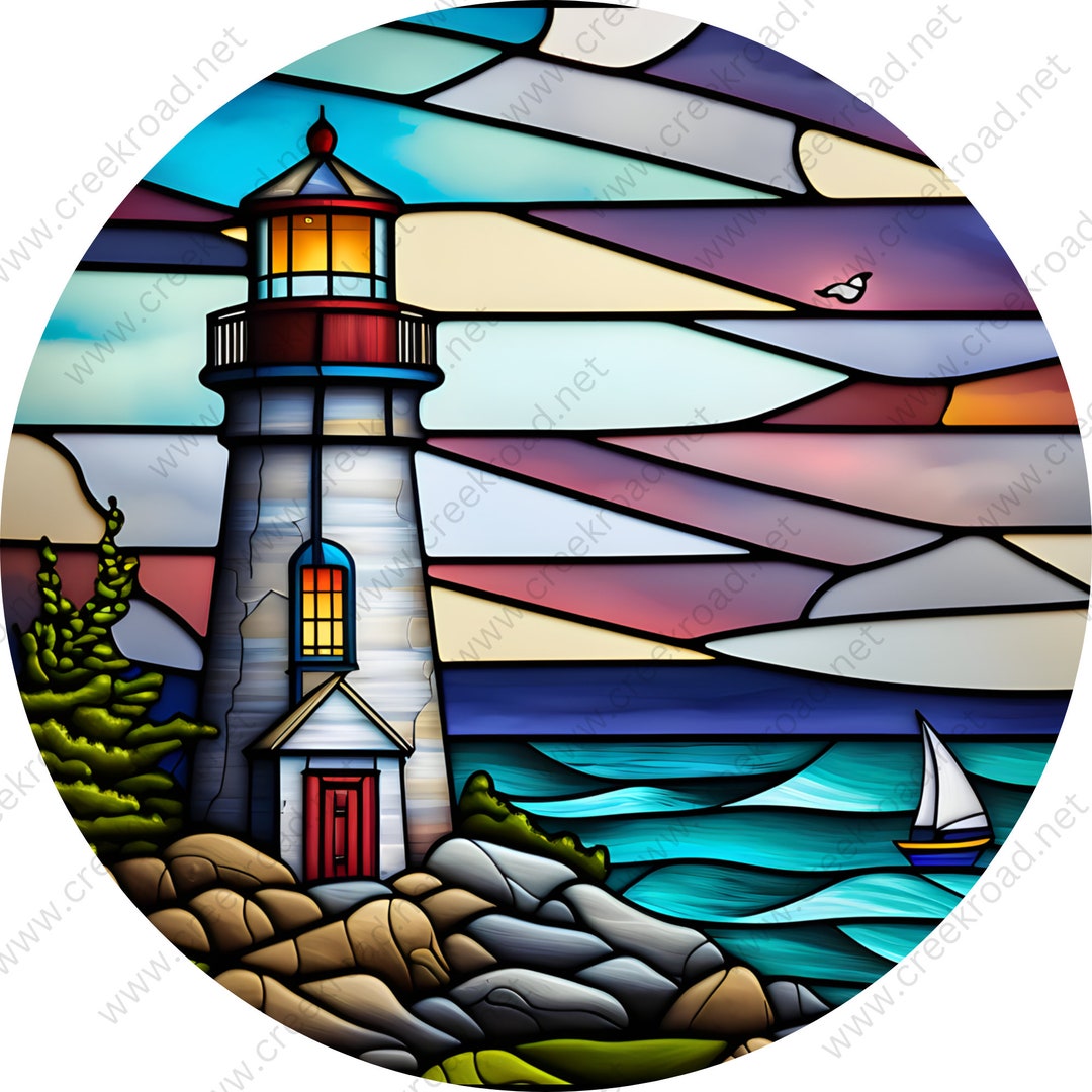 Colorful Lighthouse on Coastal Shore Sailboat Seagull Faux Stained ...