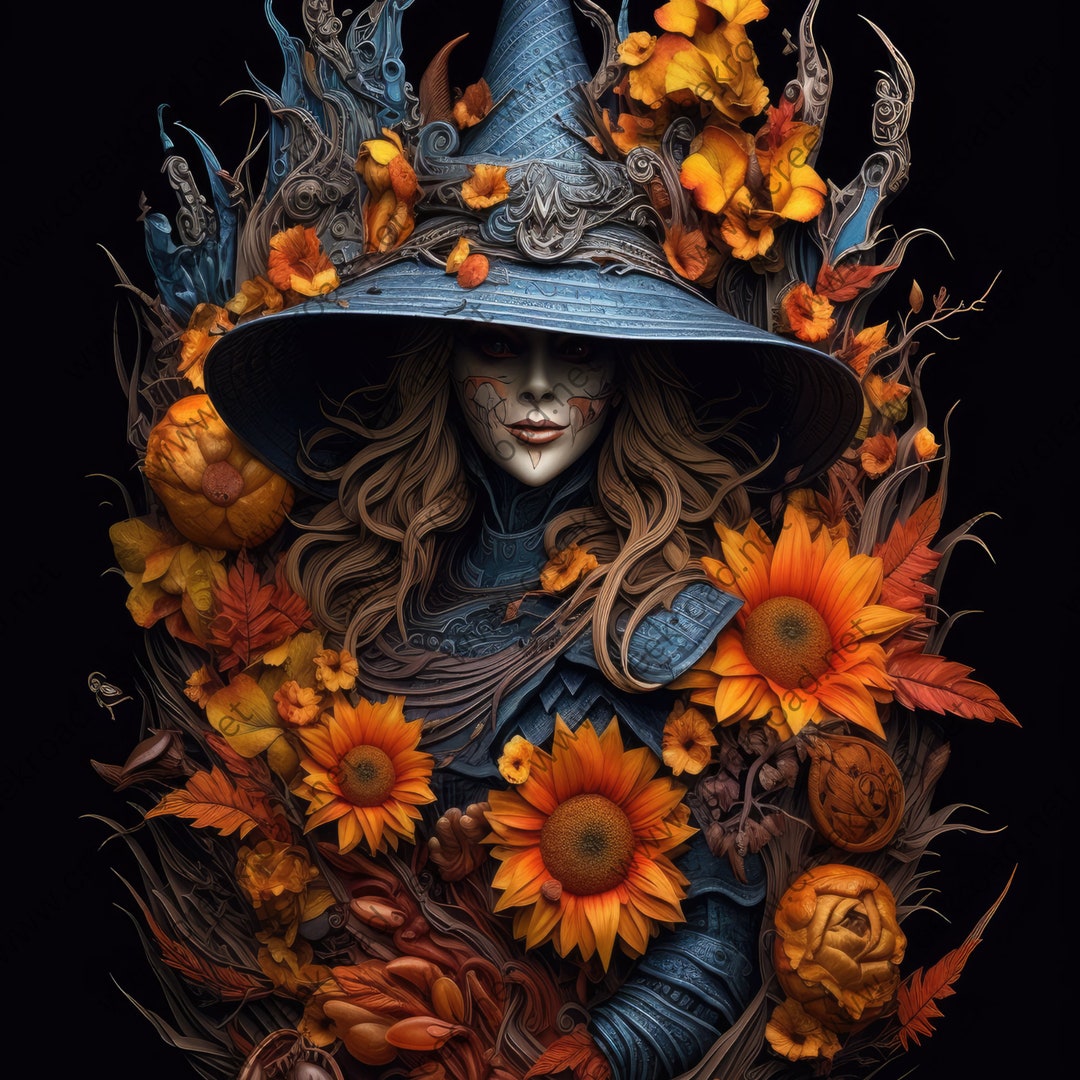 Halloween Blue Witch in Orange Sunflowers Wreath - Etsy