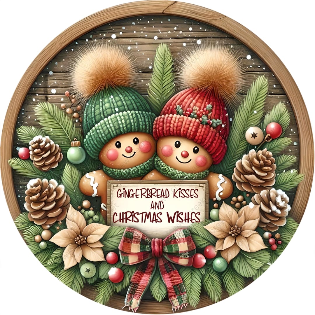 Gingerbread Kisses and Christmas Wishes Holiday Sublimated Wreath Sign ...